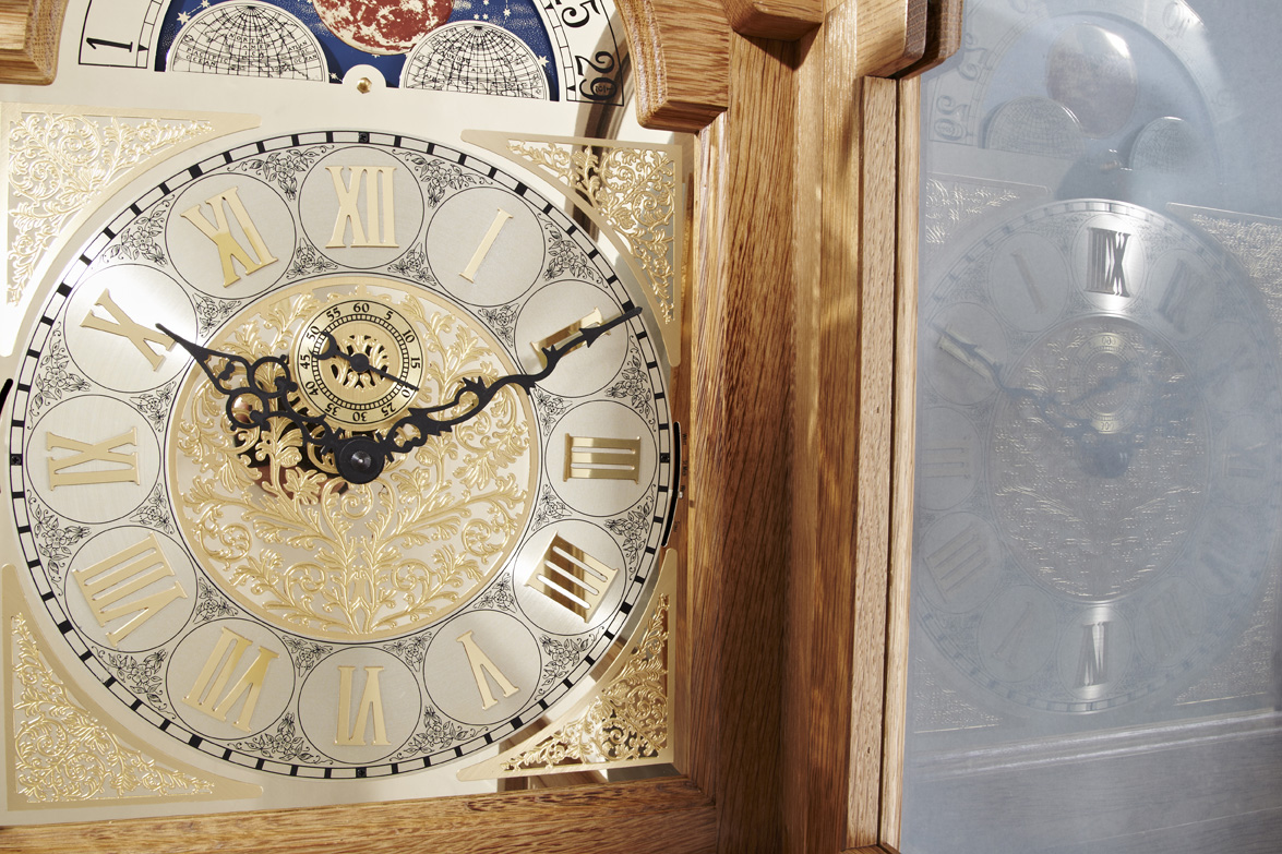 Handmade German Grandfather Clock of solid oak with carvings