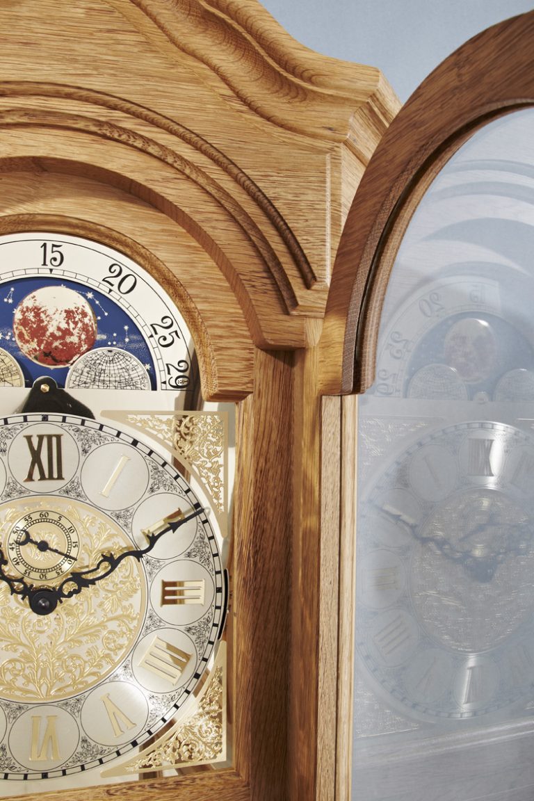 Handmade German Grandfather Clock of solid oak with carvings