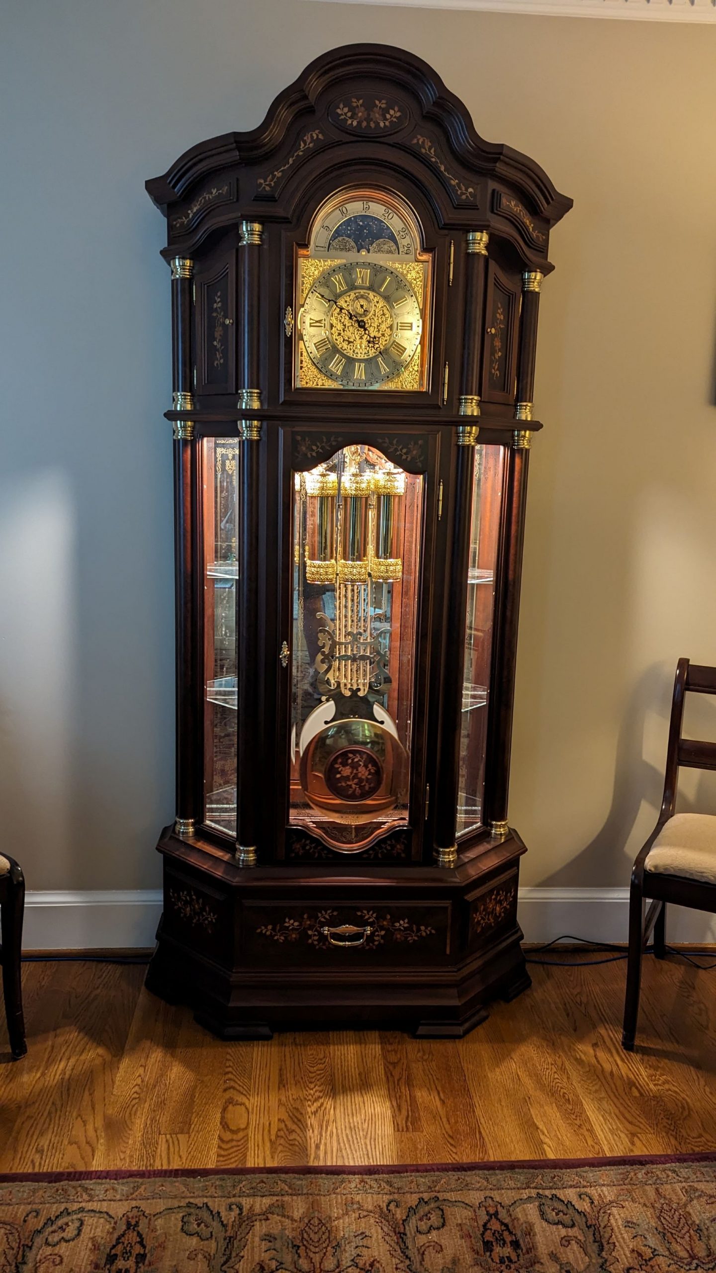 Original Black Forest Clockwork | German Grandfather Clock, solid nut tree